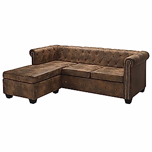 vidaXL Chesterfield L-Shaped Sofa with Pouf, Artificial Leather Upholstery, Easy to Assemble, Brown