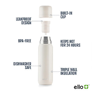 Ello Therma 32oz Insulated Stainless Steel Thermos for Hot & Cold Beverages with Leak Proof Lid & Built-in Cup, Triple Wall Insulation, Hot 24 Hrs, Perfect for Coffee,Tea, Dishwasher Safe, Cream