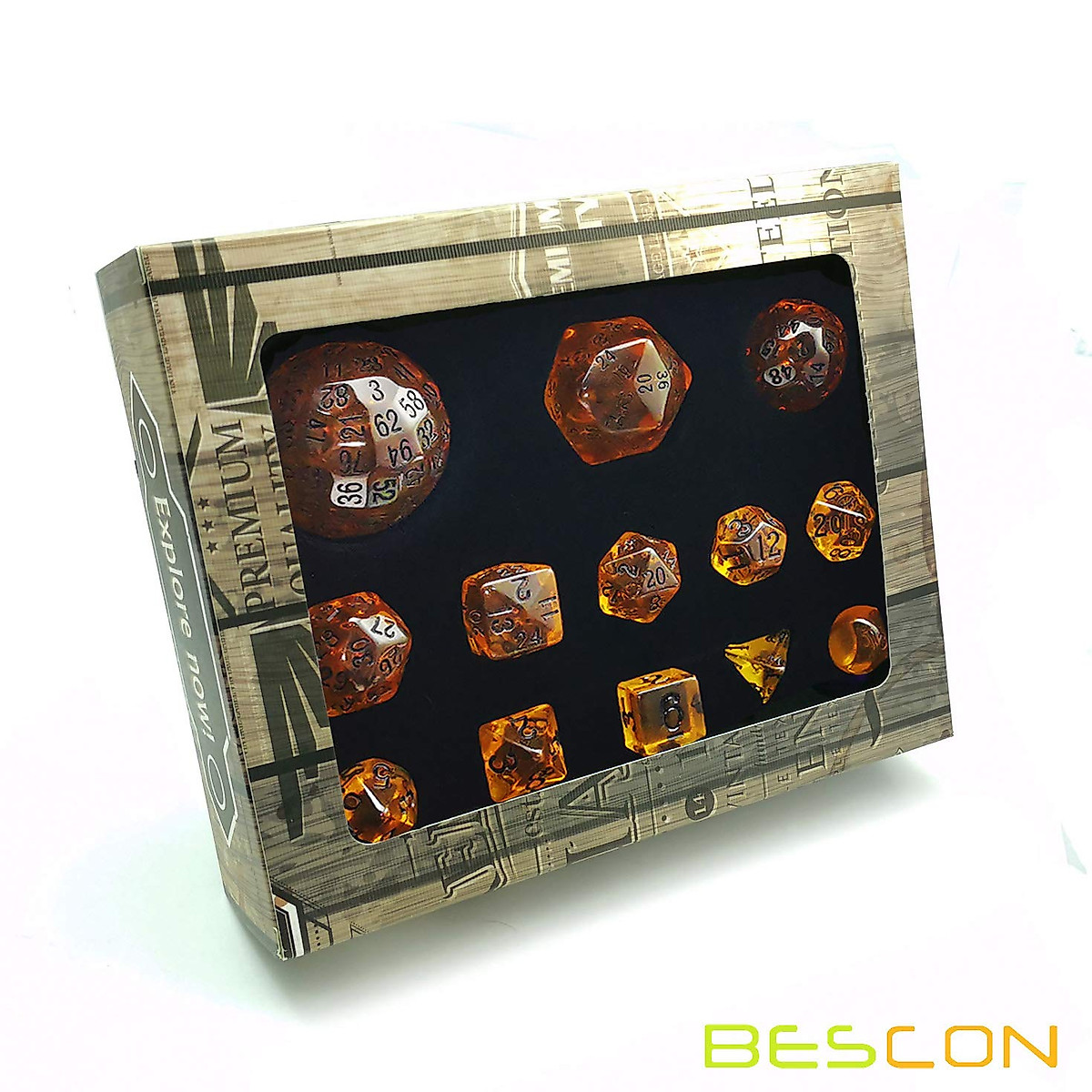 BESCON DICE Amber Complete Polyhedral RPG Dice Set 13pcs D3-D100