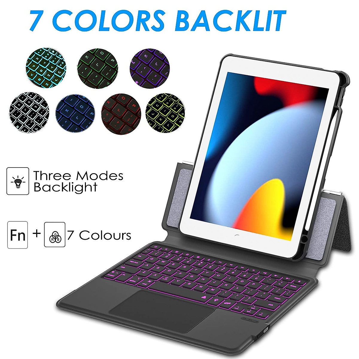 eoso Trackpad iPad Keyboard Case for Apple iPad 10.2" 2021 9th&8th&7th Gen, Air 3,Pro 10.5-7 Color Backlight,Touchpad Detachable Slim Cover with Pencil Holder (10.2"/10.5",Black)