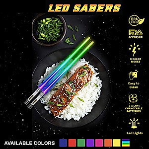 LIGHTSABER CHOPSTICKS LIGHT UP STAR WARS LED Glowing Light Saber Chop Sticks REUSABLE Sushi Lightup Sabers Removable Handle Dishwasher Safe 8 Color Modes 2 Pairs