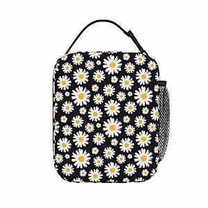 TEIKKIOP Daisy Floral Lunch Box for Girls Women Insulated Cooler Picnic Bag for School Office Thermal Reusable