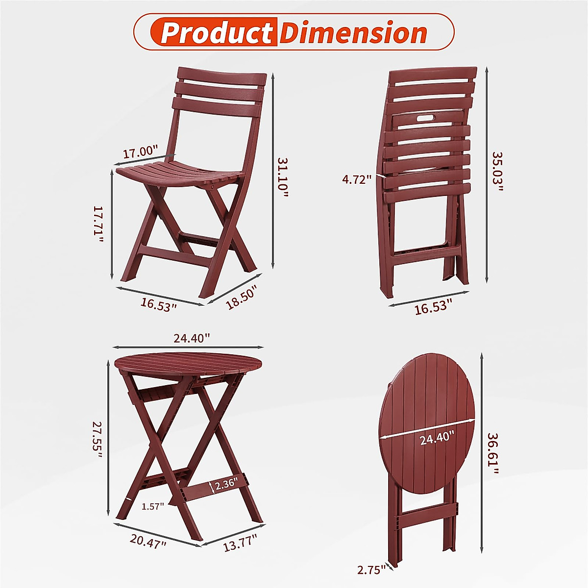 TAO ONE 3 Piece Patio Bistro Sets, Foldable Patio Set, Bistro Table and Chairs, 2 Plastics Folding Chairs and Round Table for Outdoor Balcony, Porch, Lawn, Garden, Patio, Red
