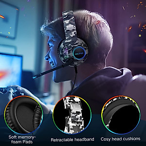 Gaming Headsets for Xbox One PC PS4 PS5 - Computer Over Ear Headphones with Noise Cancelling Mic & Stereo Sound for Nintendo Switch - Camo