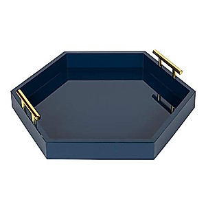 Kate and Laurel Lipton Hexagon Decorative Tray with Polished Metal Handles, Navy Blue and Gold