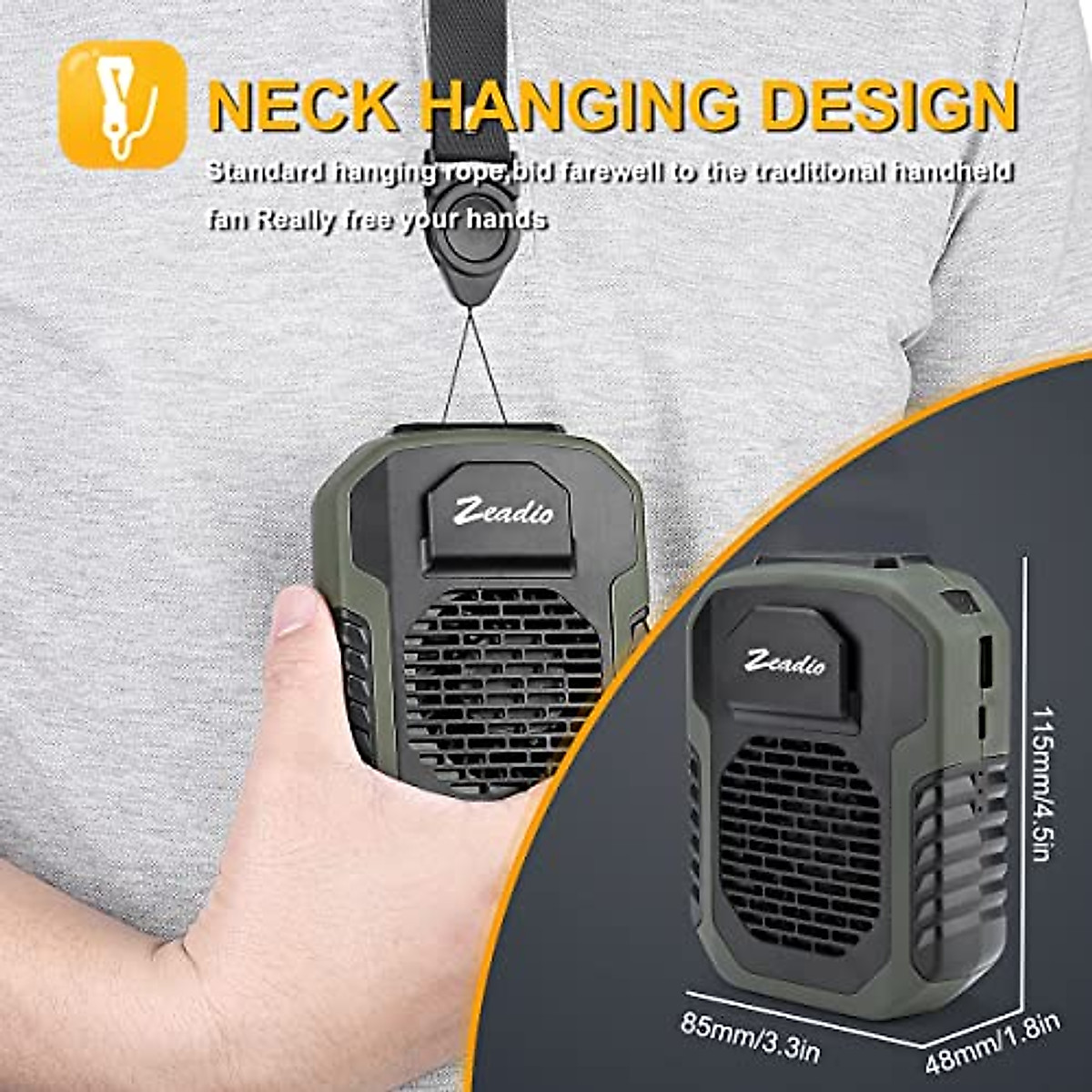 Zeadio Waist Clip Fan, 6000mah Battery 3 Spreed Operated Hands-free Wearable Necklace Fan With Charging Function, for Hot Flashes Home Office Travel Outdoor Sports - Green