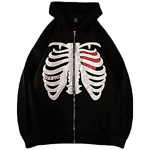 Lausiuoe Skeleton Hoodie Zip Up Brown Women Casual Full Zip Up Plush Hoodie Comfy Loose Solid Sweatshirt Long Sleeve Jacket with Pockets