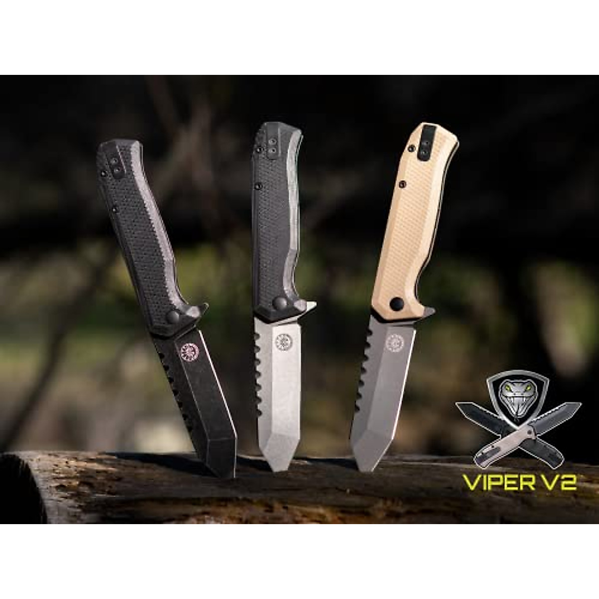 Off-Grid Knives - Viper V2 with154CM Steel Tanto Blade, Grippy G10 Scales, Left or Right Deep Carry Clip, Ceramic Ball Bearings (Coyote)