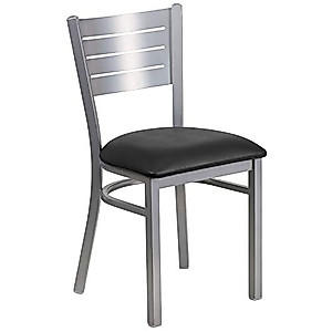 Flash Furniture 2 Pack HERCULES Series Silver Slat Back Metal Restaurant Chair - Black Vinyl Seat