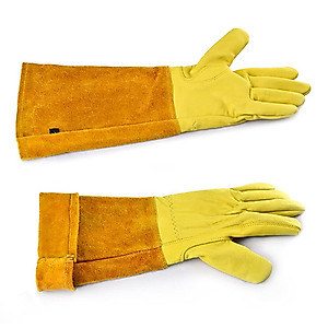 KINDE Gardening Gloves - Thorn Proof Cowhide Leather Rose/Blackberry Pruning Long Forearm Protection Gauntlet, Work Garden Gloves (YELLOW, Medium)