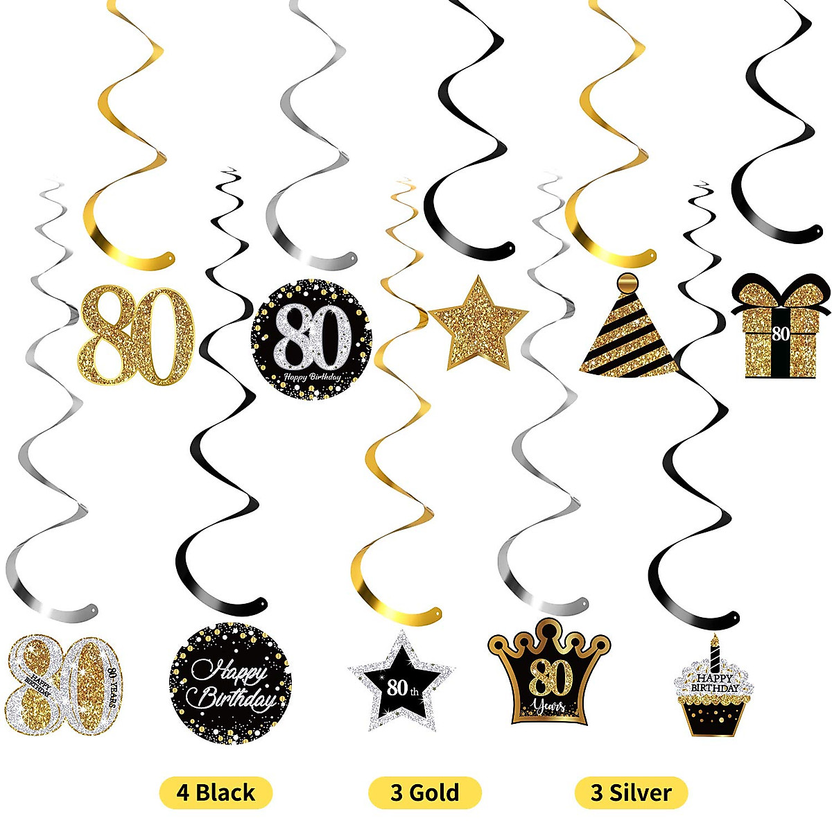 Frienda 80th Birthday Party Decorations, 80th Birthday Party Hanging Swirls Ceiling Decorations Shiny Celebration 80 Hanging Swirls Decorations for 80 Years Old Party Supplies, 30 Count