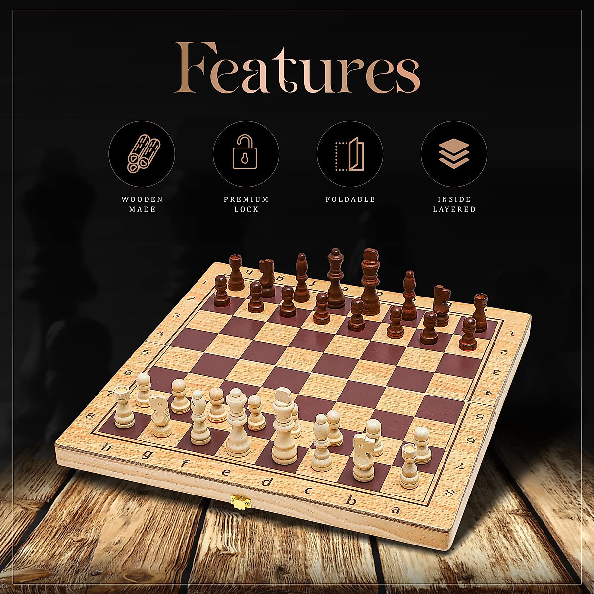 15" Wooden Chess Set with Weighted Chess Pieces, Folding Chess Board Set with Instructions & Storage Slots, Portable Travel Chess Sets for Adults and Kids