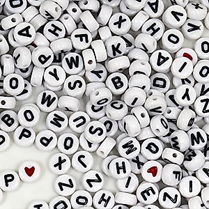 WangLaap 1450Pcs Acrylic 4x7mm Round Letter Beads Kits Alphabet Beads A-Z and Red Heart Black Star Beads for Bracelets Necklaces DIY Jewelry Making (White)