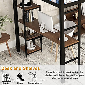 Bellemave Full Size Loft Bed with Desk,Metal Loft Bed with Storage Shelves,Heavy Duty Metal Loft Bed for Kids Teens Adults,Black