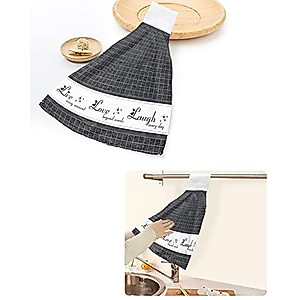 2 Pack Hanging Kitchen Hand Towels, Live Love Laugh Grey Hand Tie Towels with Hanging Loop, Gray Checkered Wall Art Modern Soft Absorbent Towels Set for Bathroom and Kitchen