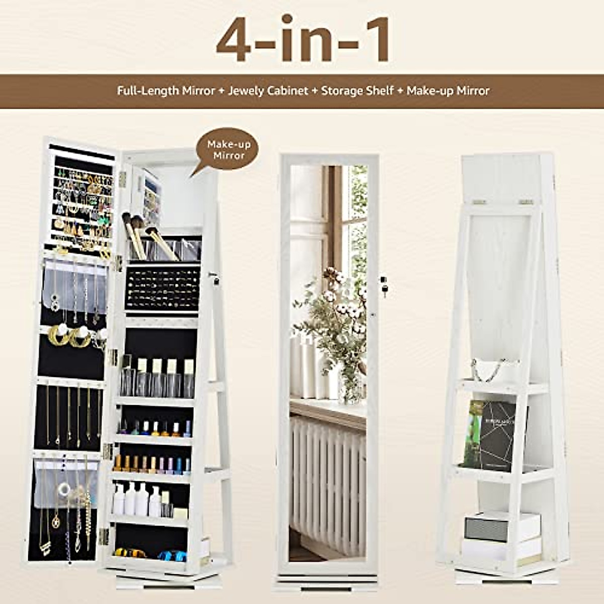 SERWALL 360 Rotating Jewelry Stand Organizer - Freestanding Dressing Mirror Jewelry Cabinet Storage - WHITE