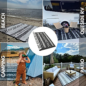 Glamplife Recycled Plastic Rug, 9x12 Rv mat, Black and White Camping Rugs for Outside Your RV, Large Indoor Outdoor Rugs for Awnings, Patio Rug, Outdoor Carpet Waterproof
