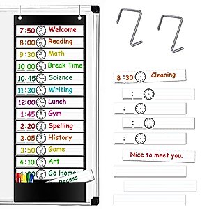 VNOM Daily Schedule Pocket Chart, Class Schedule with 13+1 Pockets 18 Dry Eraser Cards 2 Easy Over Door Mountings for Classroom, School, Office or Home (13” x 35.5”) (BLACK)
