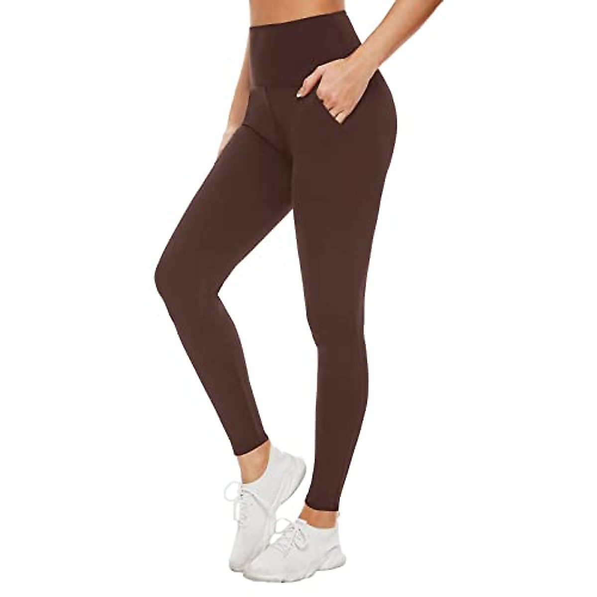 Aoliks Leggings with Pockets for Women - Yoga Pants with Pockets,Buttery Soft High Waist Tummy Control Non See Through Workout Pants (Brown, Large-X-Large)
