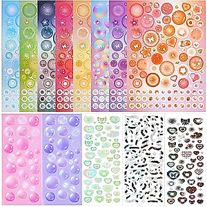 HINZIC 18 Sheets Deco Stickers Kpop Colorful Korean Stickers for Photocards Glitter Ribbon Bow Heart Bubble Star Scrapbook Stickers for Water Bottles Album Keyholder DIY Decor Card Making