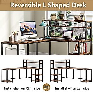 Tribesigns 67" Reversible Large Computer Desk with Hutch, Office Desk Study Table Writing Desk Workstation with 5 Storage Shelves 2 Tier Bookshelf for Home Office (Rustic Brown)