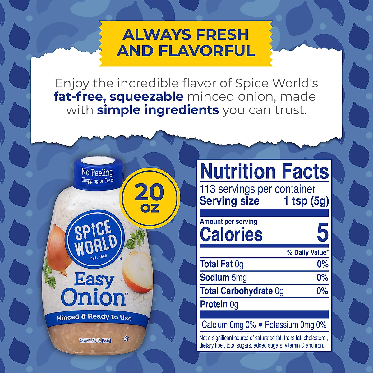 Spice World Squeezable Easy Onion – 20oz Ready-to-Use Minced Onion – Perfect for Hot Dogs, Stir Fry, Marinades, & More – Simply Squeeze the Onion Seasonings for Cooking to Add Flavor Without Tears