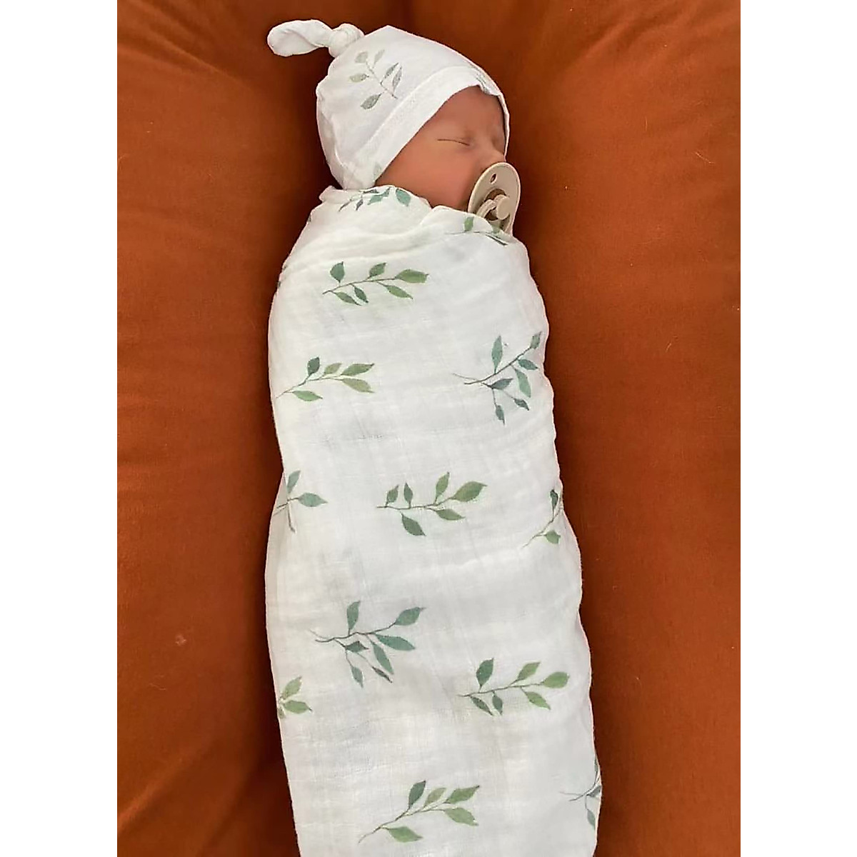 PINNKKU 4-Pcs Organic Cotton Swaddle Set, Baby Muslin Swaddle Blanket, Includes Name Announcement Card, Newborn Swaddle and Hat Set with Matching Bow, Hospital Receiving Blanket, Large 47" x 47”