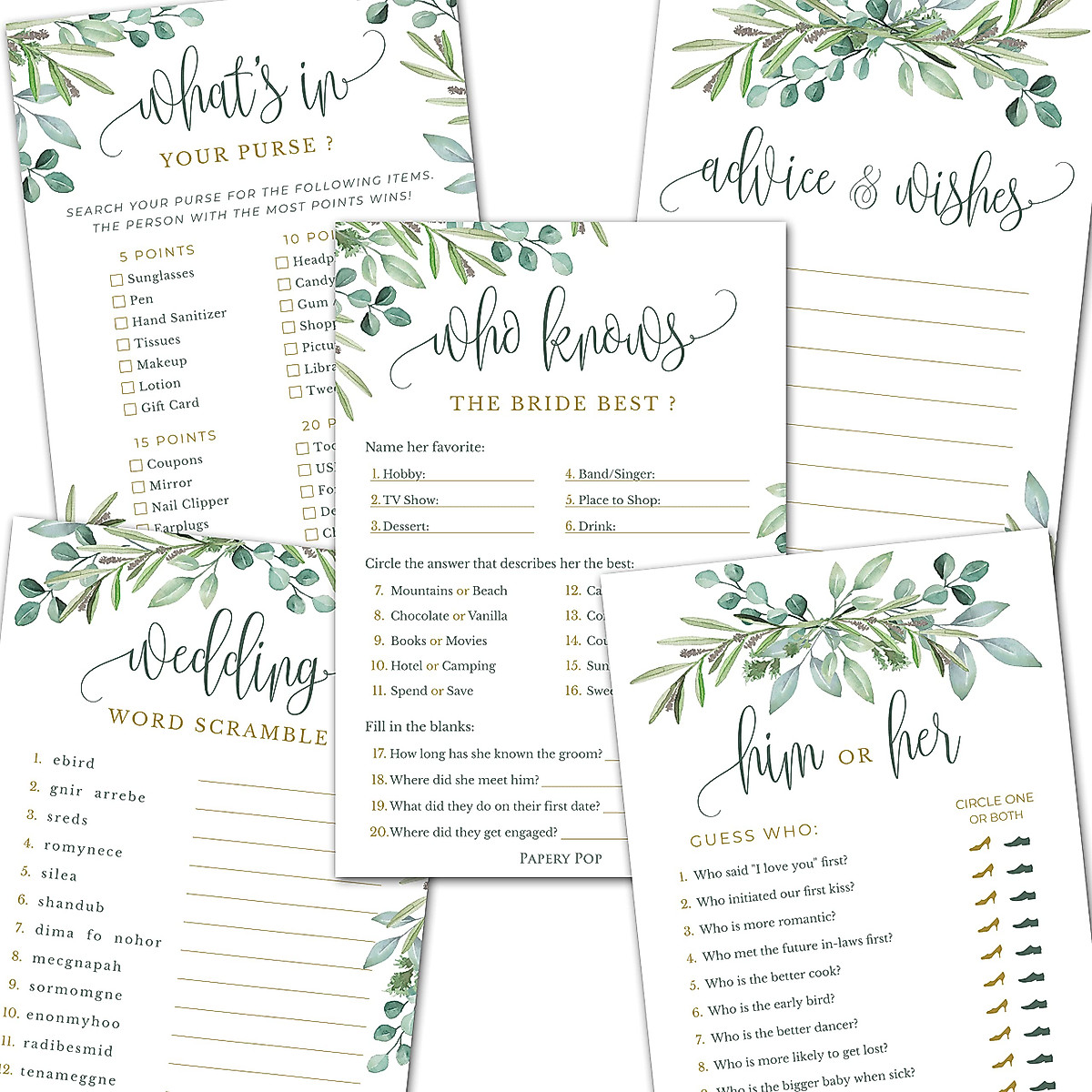 Bridal Shower Games - 5 Activities for 50 Guests - Double Sided Games - Eucalyptus