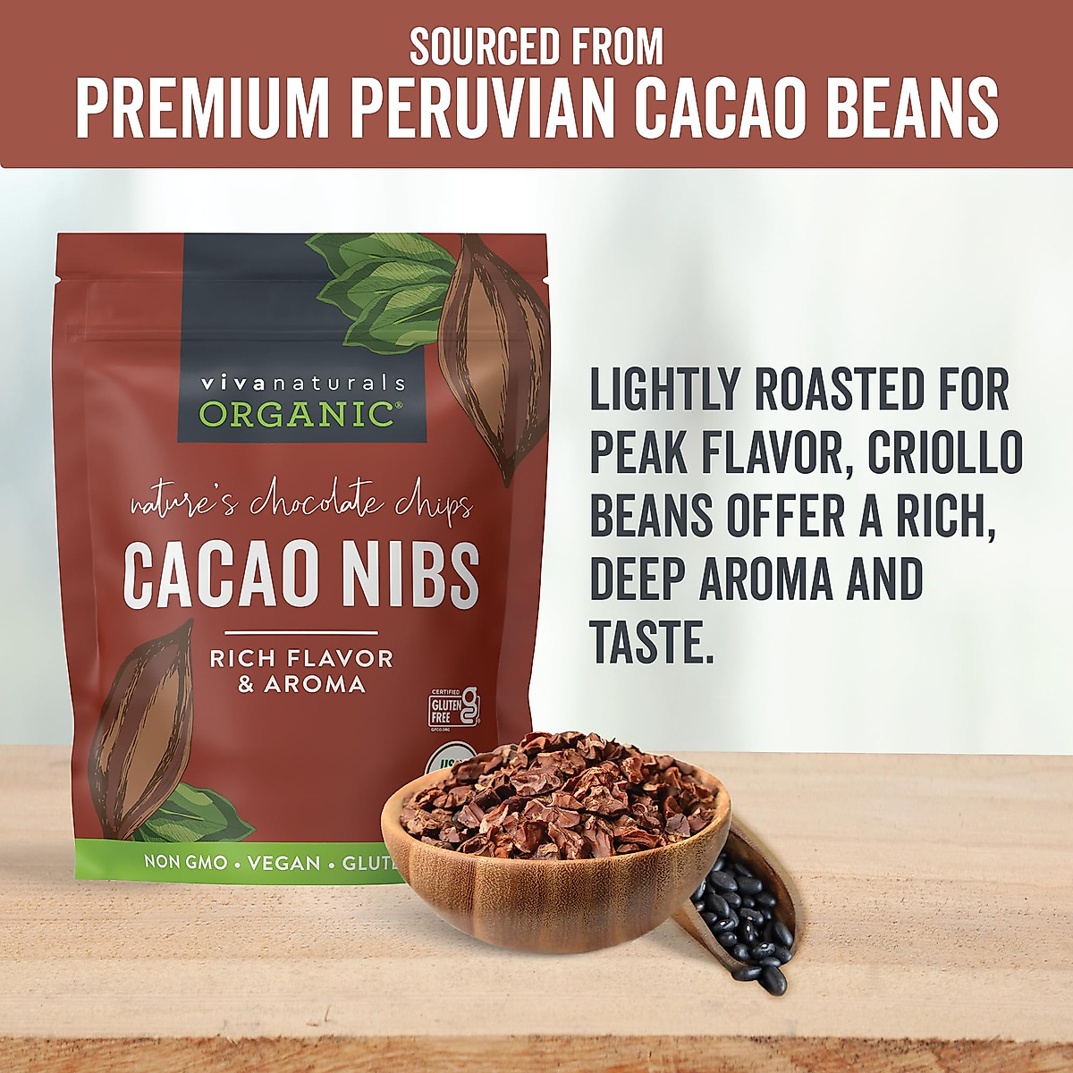 Viva Naturals Organic Cacao Nibs, 2 Lb - Certified Keto and Vegan Superfood, Perfect for Gluten Free Baking and Smoothie Topper, Premium Criollo Beans, Non-GMO