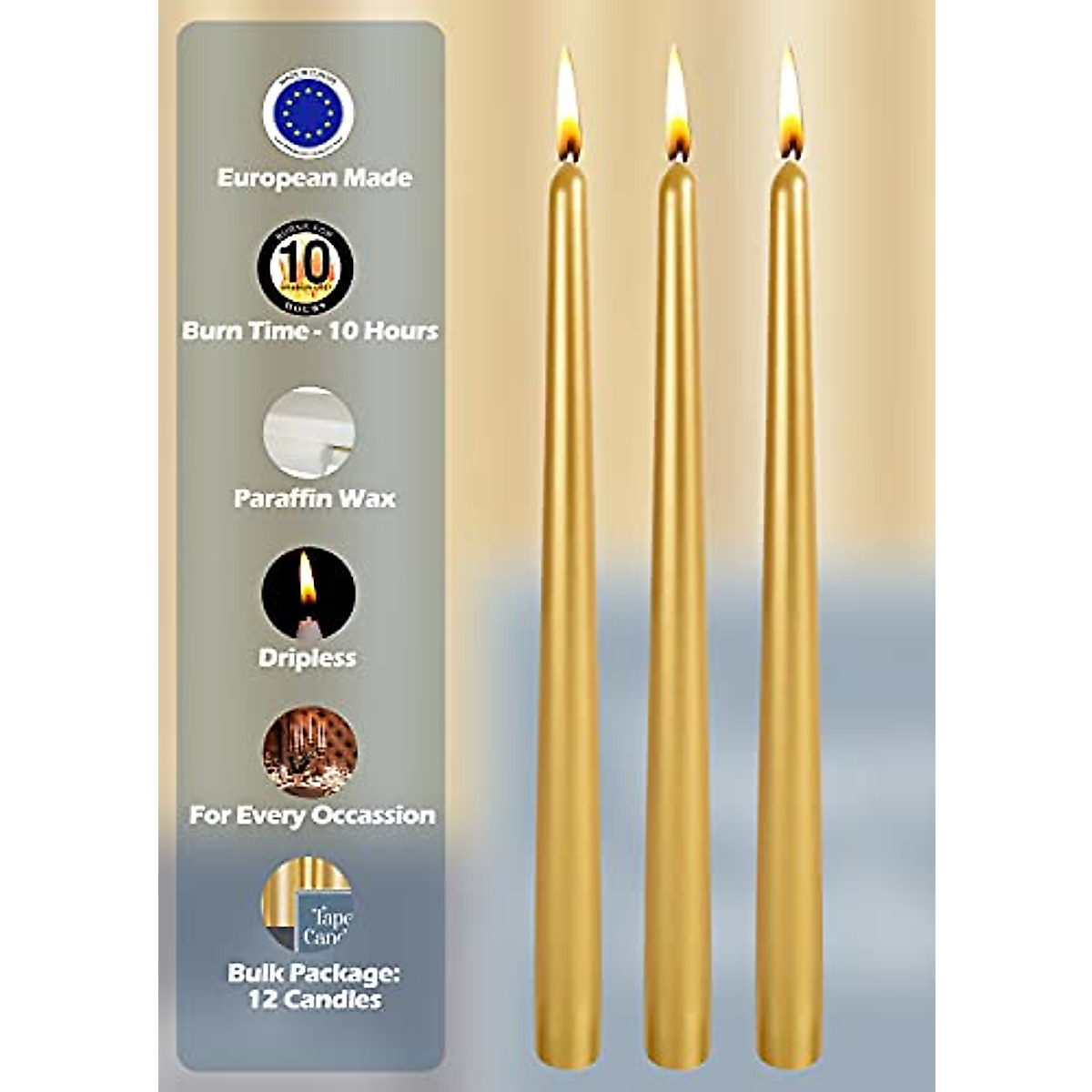 12 Pack Tall Metallic Taper Candles - 12 Inch Gold Painted Metallic, Dripless, Unscented Dinner Candle - Paraffin Wax with Cotton Wicks - Individually Wrapped -by Hyoola