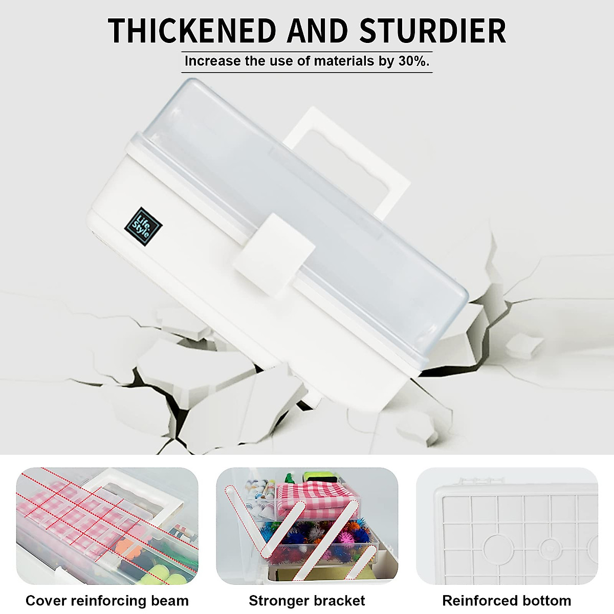 Creahaus 13 inch Art Craft Organizer Storage Box with 3 Layer, Multipurpose Plastic Tool Box with Handle for Sewing, Art Supply, Medicine, Nail, Hair Accessories (White)