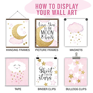 Hadley Designs 6 Reversible 8x10 Moon and Stars Nursery Decor Prints, Shower Decorations, Moon and Stars Wall Decor For Baby Girl Nursery Wall Art, Baby Girl Nursery Wall Decor For Girls Bedroom
