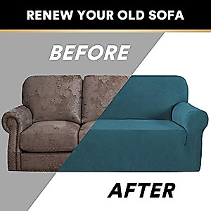 PrinceDeco Stretch Loveseat Sofa Cover Slipcover Couch Cover for 2 Cushion Sofa Washable Sofa Cover for Pets Friendly Furniture Protector Covers with Non Slip Bottom(Loveseat, Deep Teal)