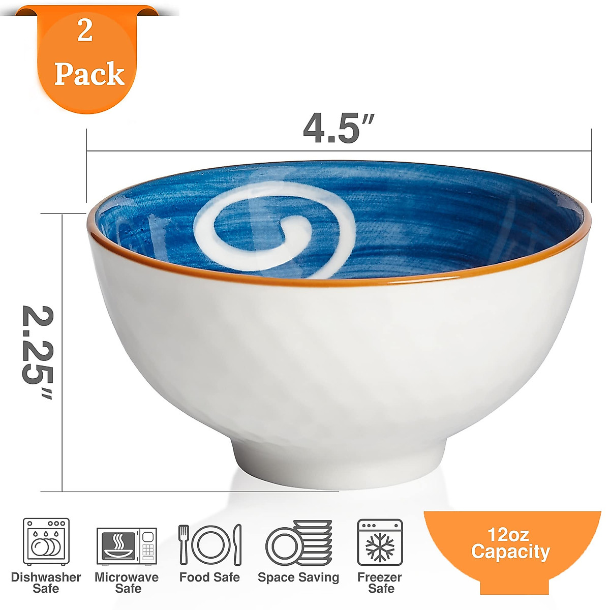 Cocowhoa Ceramic Dessert Style Bowls, 10oz Capacity, Modern Snack Bowls, Japanese Inspired Dishware Bowls, Ceramic Bowl Gift Set, Perfect for Rice, Cereal, Pasta, Ice Cream, Small Bowl Set (2)