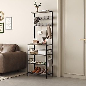 HOMEFORT Coat Rack with Shoe Storage, 5-Tier Shoe and Coat Rack with 9 Clothes Hooks, Freestanding Hall Tree Organizer for Entryway, Bedroom,Grey