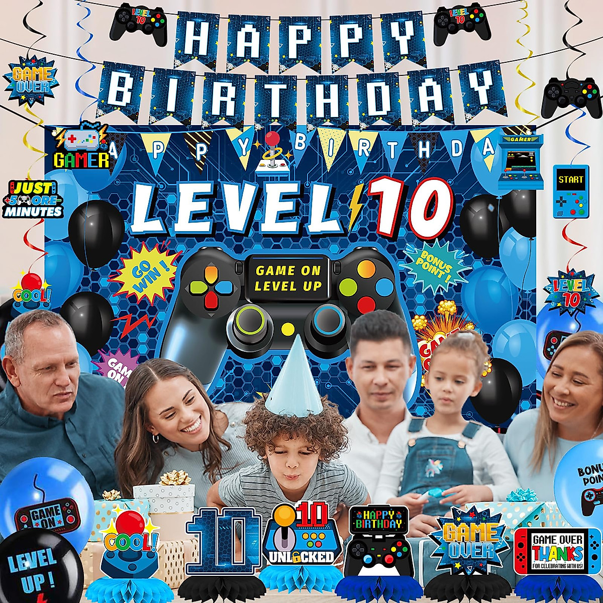 Vlipoeasn Video Game 10th Birthday Decorations for Boys, Blue Level 10 Banner Backdrop Honeycomb Centerpieces Hanging Swirls for 10th Birthday Party, Gamer 10 Years Old Party Supplies