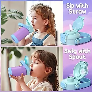 Kids Water Bottle with Straw & Chug(2-in-1 Lid), 14oz Kids Insulated 18/8 Stainless Steel Water Bottle for School Girls Boys Toddler Water Bottle Leak Proof & Spill Proof Kids Cups (1, B2.Purple)