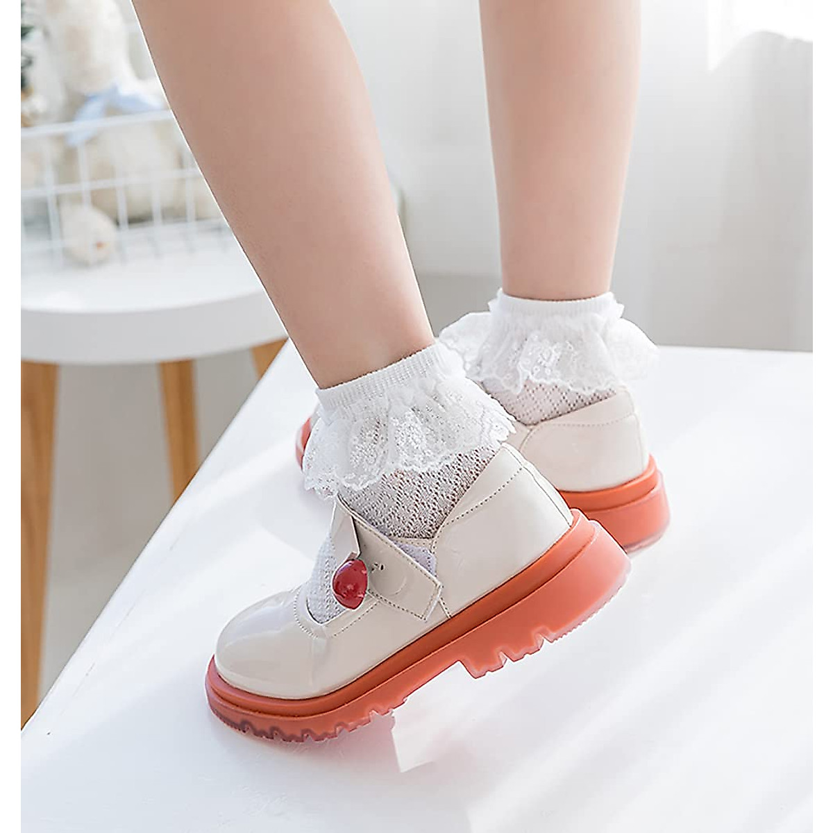 Looching 4/5 Pair Baby Girls Eyelet Ruffle Cotton Lace Socks White Princess Dress Socks For Toddler Kids Child 1-10 Years (as1, age, 8_years, 10_years, White)