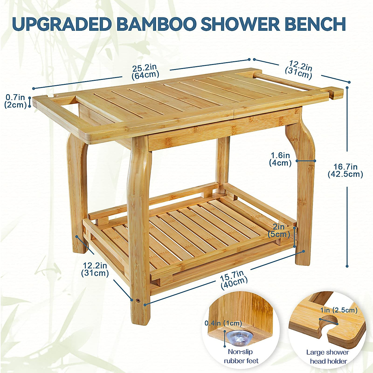 2-Tier Bamboo Shower Bench for Inside Shower Shaving Legs, 25 Inch Waterproof Bathroom Bench Shower Stool with Storage Shelf, Safe & Stable for Seniors Adults Disabled Women