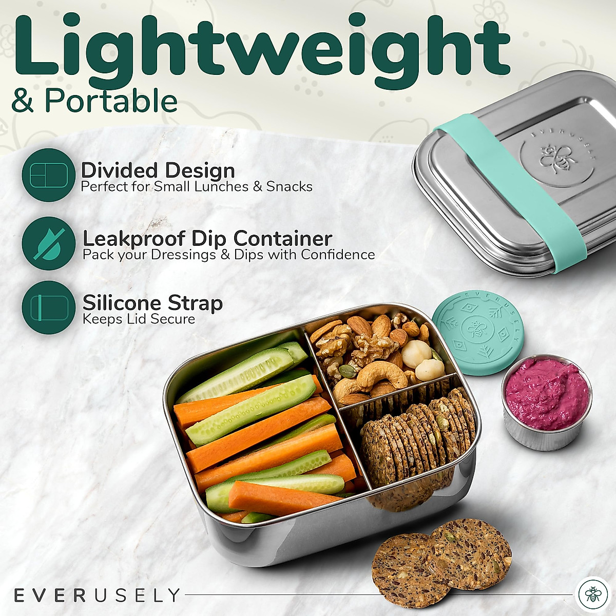 Everusely - Bento Box for Kids - Green, 6.5x4.7 / 27oz - Stainless Steel Lunch Box w/Leakproof Condiment Container - 3 Compartment Snack Box for School, Office Meals - Freezer & Dishwasher Safe
