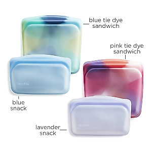 Stasher Reusable Silicone Storage Bag, Food Storage Container, Microwave and Dishwasher Safe, Leak-free, Bundle 4-Pack, Tie Dye