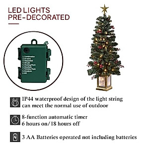 Premium 4ft Pre Lit Artificial Pencil Christmas Tree with Brown Hollow Base, Mini Pre-lit Xmas Pine Tree with 7 Modes LED Lights for Christmas Decoration, Home, Office, Party Decoration (1)