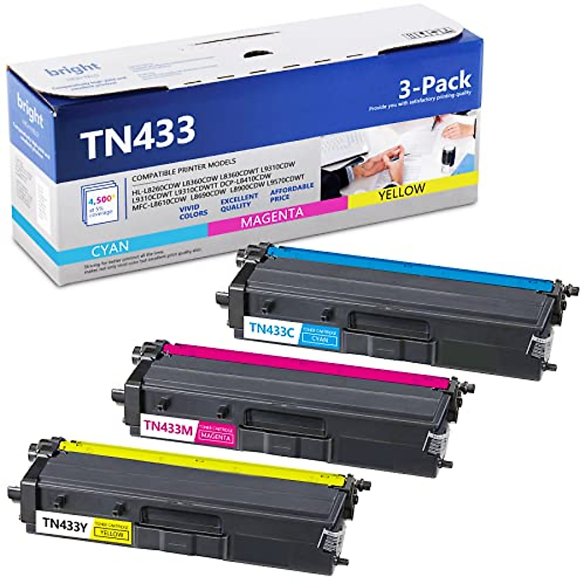 TN433M TN433Y TN433C - TN 433 TN433 High Yield Toner Cartridges Compatible Replacement for Brother TN-433 HL-L8260CDW DCP-L8410CDW MFC-L8610CDW Printer, TN4333pk 1C/1M/1Y