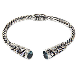 NOVICA Artisan Handmade Blue Topaz Cuff Bracelet on Sterling Silver Hinged from Bali Indonesia Serenity Birthstone [6.25 in L (end to End) x 0.4 in W] ' Beacon of Light'