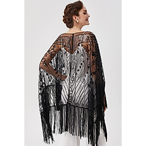 BABEYOND 1920s Sequin Beaded Shawl Wraps Fringed Evening Cape Scarf for Wedding (Black with Black Sequins)