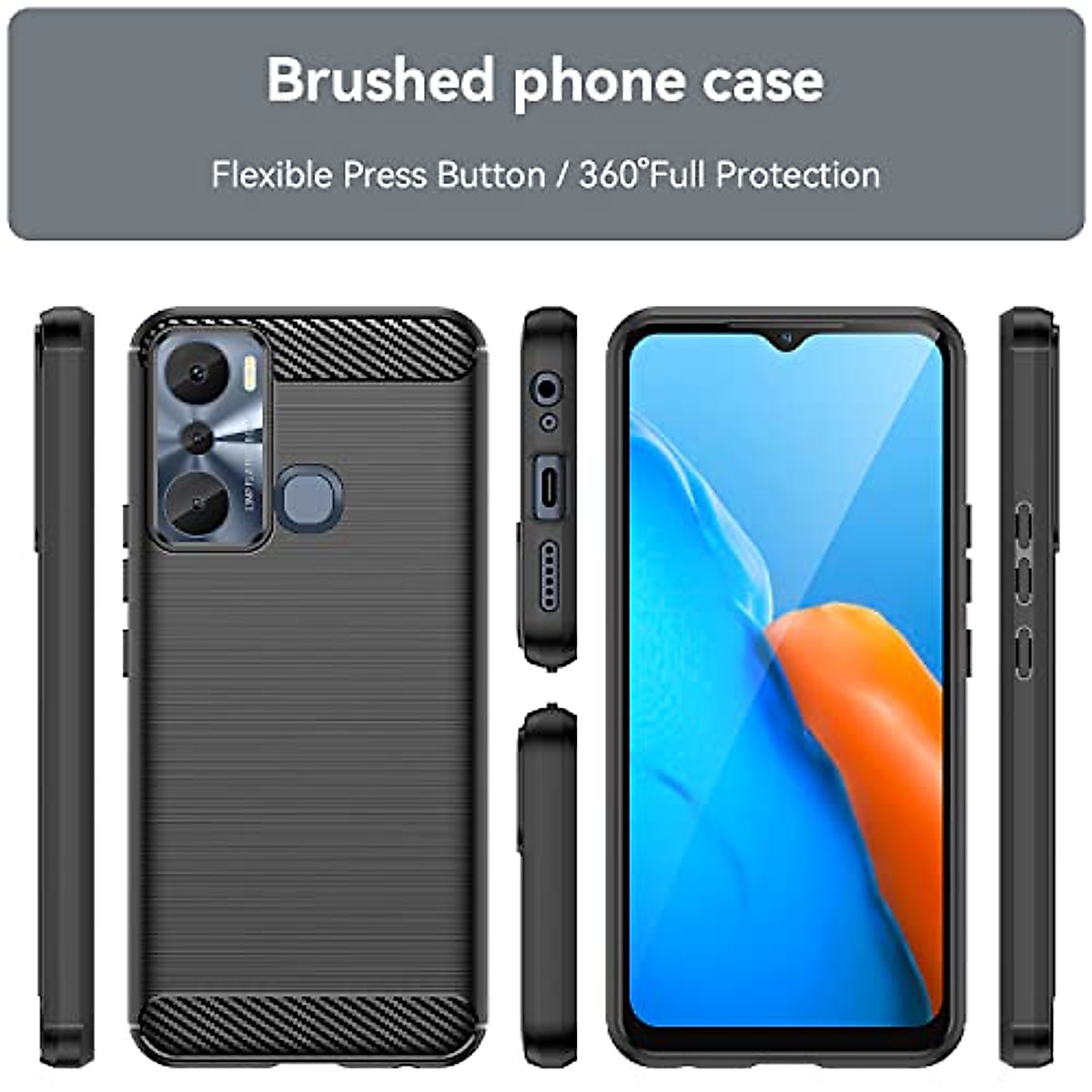YZKJSZ Case for Infinix Hot 20i + Screen Protector Tempered Glass Protective Film - Soft Gel Carbon Fiber TPU Cover for Infinix Hot 20i (6.6") - Black