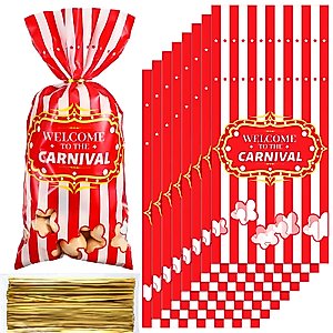 Carnival Candy Bags Circus Plastic Bags Carnival Party Treat Bags Popcorn Pattern Party Bags Goody Bags with 100 Gold Twisted Ties for Party Favor Supply Cookie Cupcake Wrapping(Simple,100 Packs)