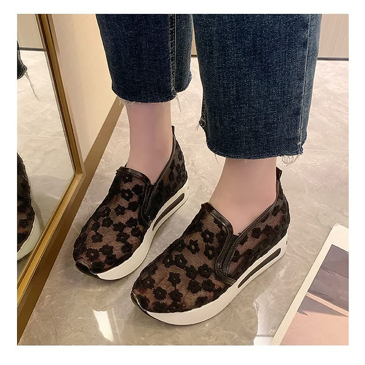 Floral Embroidery Breathable Sheer Mesh Sneakers, Platform Wedge Fashion Sneakers for Women Embroidery Floral Mesh Air Lace Chunky Sole Hidden High Heels（Contains 5 Pairs of lace Socks） (Black,6)