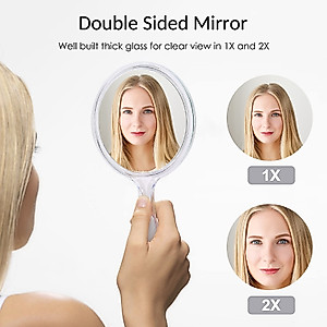 D Handheld Mirror with Handle, Hand Mirror Small Doule Sided Magnifying Mirror 1X 2X, Handle Makeup Mirror, Acrylic Handheld Mirror Rounded Shape, Transparent 1 PCS