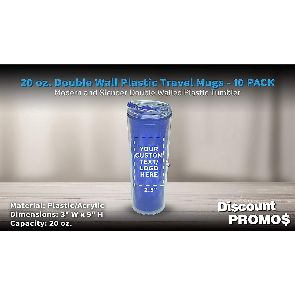 Personalized 20 oz. Double Wall Plastic Travel Mugs - 10 Pack - Custom Text, Logo - Blue